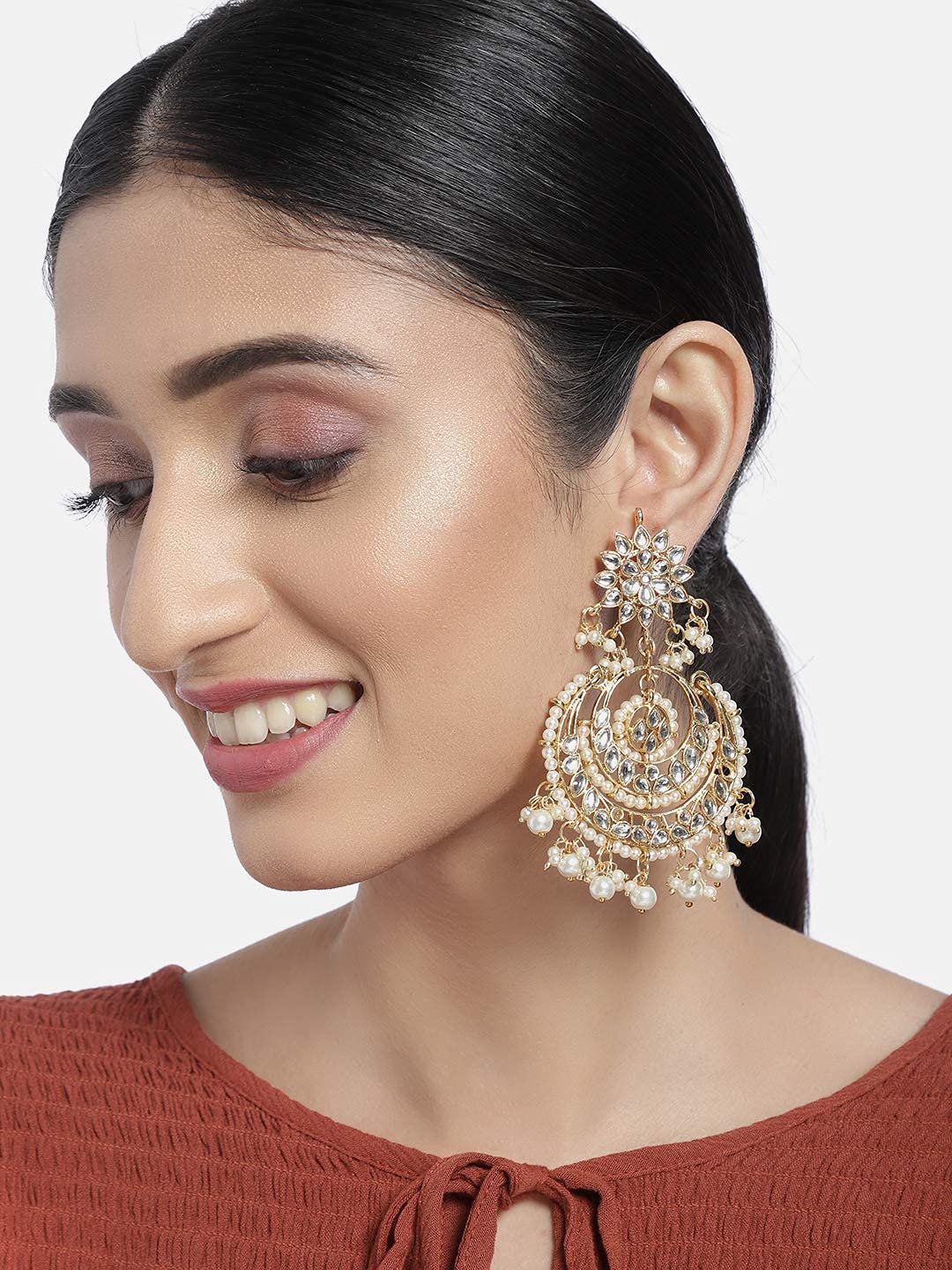 I Jewels Gold Plated Indian Wedding Bollywood Chandbali Kundan & Pearl Earrings for Women (E7077W)