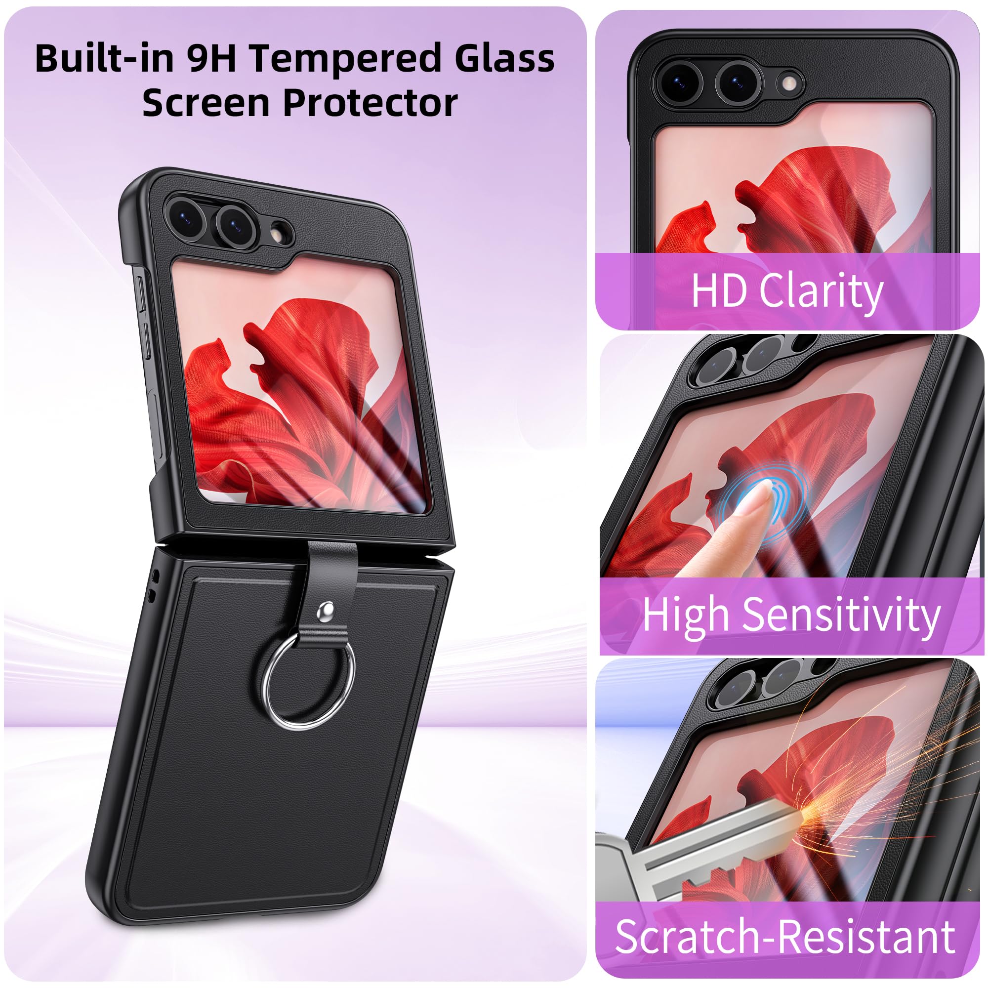 Hoerrye for Samsung Galaxy Z Flip 5 Case with ring [Built-in Magnet for MagSafe + Screen Protector] Wireless Charging PU Leather Slim Phone Cover for Galaxy Z Flip 5 5G 2023,Purple