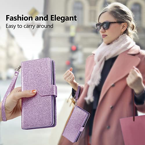 Varikke iPhone 14 Wallet Case for Women - 6.1" Light Purple Glitter PU Leather, Card Holder, Detachable Magnetic Case & Strap