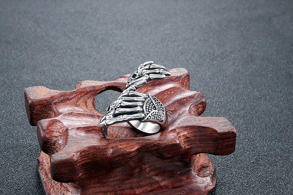 HIJONES Unisex Stainless Steel Gothic Punk Double Skull Skeleton Claws Ring Silver Size 8