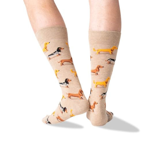 Hot Sox Men's Conversational Slack Crew Socks, Dachshunds (Hemp Heather), Shoe: 6-12