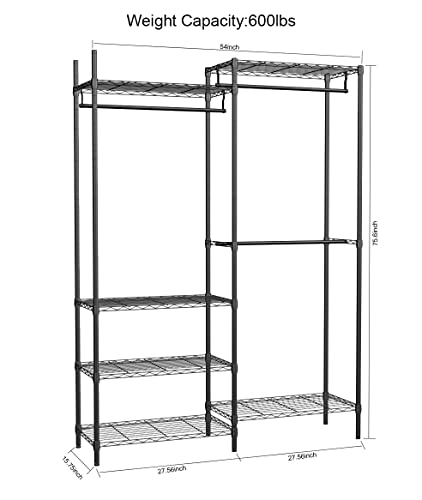 XIOFIO Heavy Duty Garment Rack, Metal Clothing Rack with 3 Hanging Rods and 6 Adjustable Shelves, Freestanding Open Wardrobe Organizer for Hanging Clothes,54"L x 16.5"W x 76.7"H Max Load 600LBS, Black