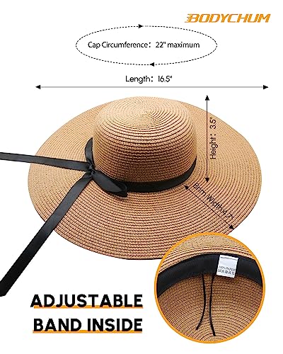Womens Wide Brim Straw Sun Hat UV Protection UPF50 Foldable Beach Hat Floppy Packbale Summer Hat Travel(Khaki)