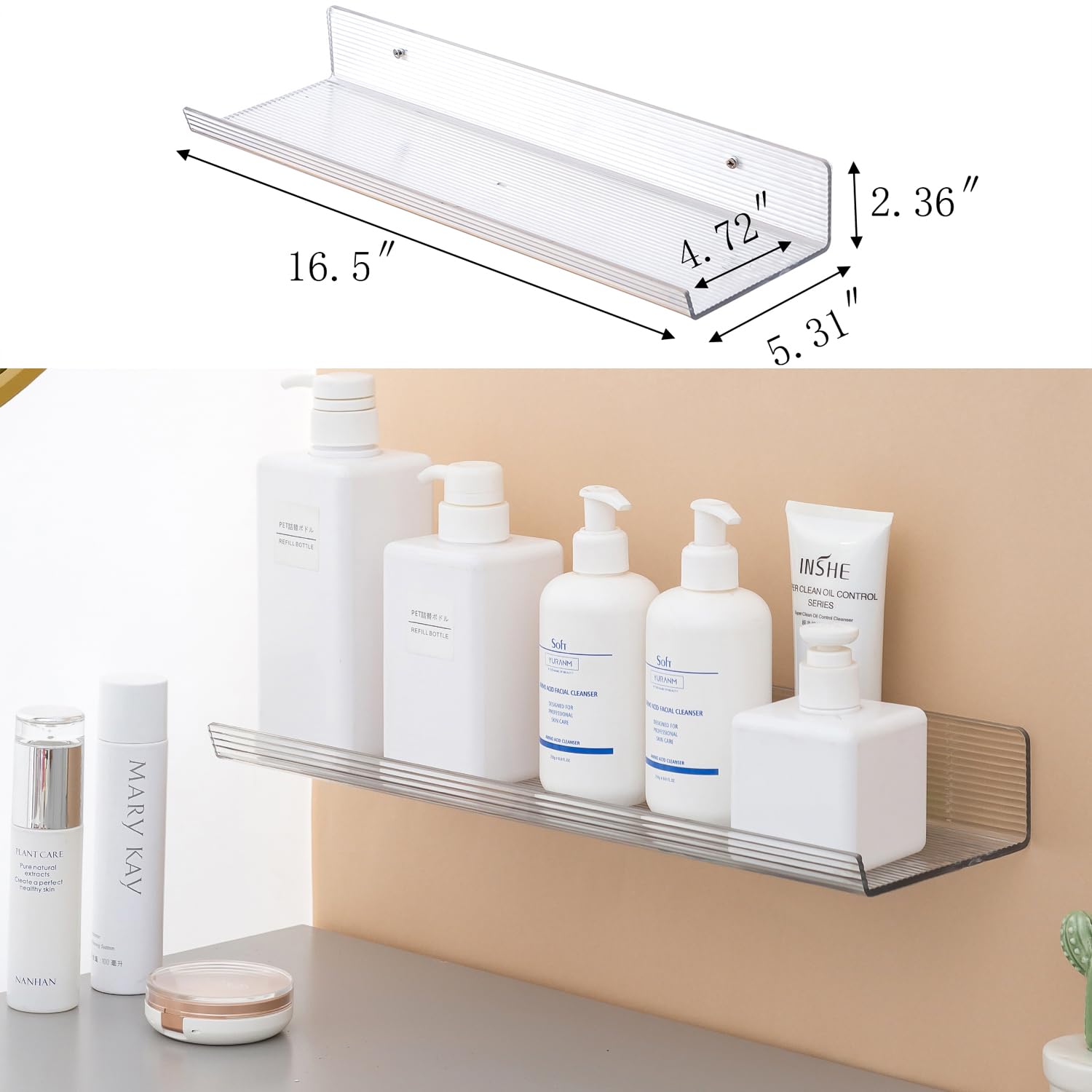 Sooyee 16.5" Clear Acrylic Shelves Wave Texture, Floating Shelves for Wall Storage,Book Display Shelf,Wall Shelves for Bedroom,Bathroom,Living Room, Kitchen,Set of 8