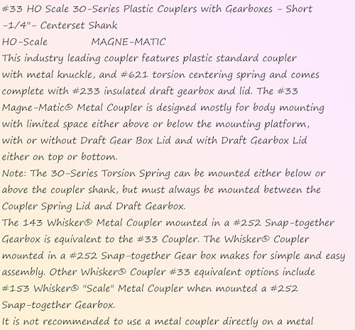 hobby track kit 341 Kadee33 30-Series Plastic Couplers w/Gearboxes Short 1/4" Centerset HO Scale