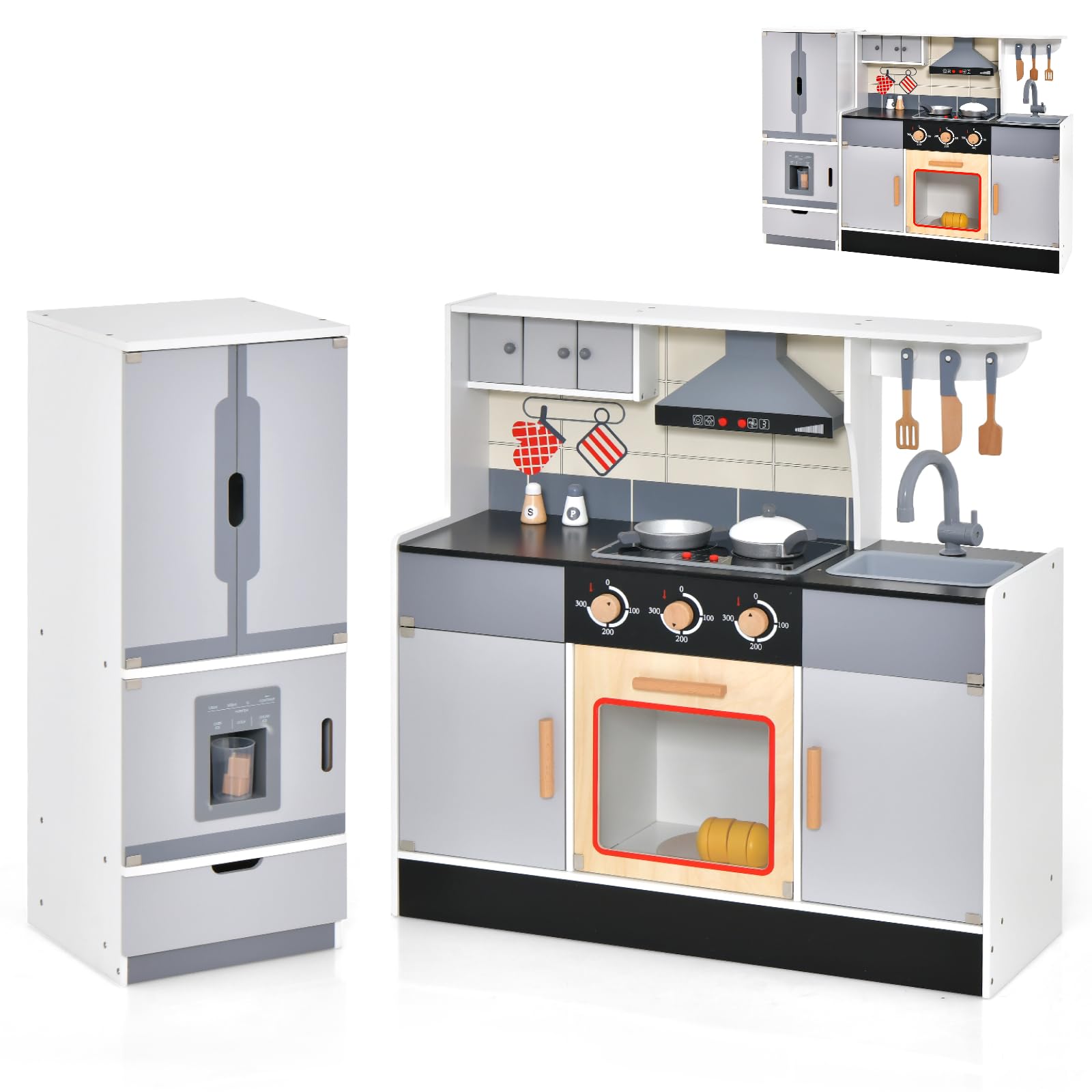 HONEY JOY Kids Kitchen Playset, 2-Piece Modular Wooden Play Kitchen for Toddlers & Refrigerator with Ice Maker, Range Hood, Oven, Little Chef Pretend Toy Kitchen Set with Light & Sound, Gray