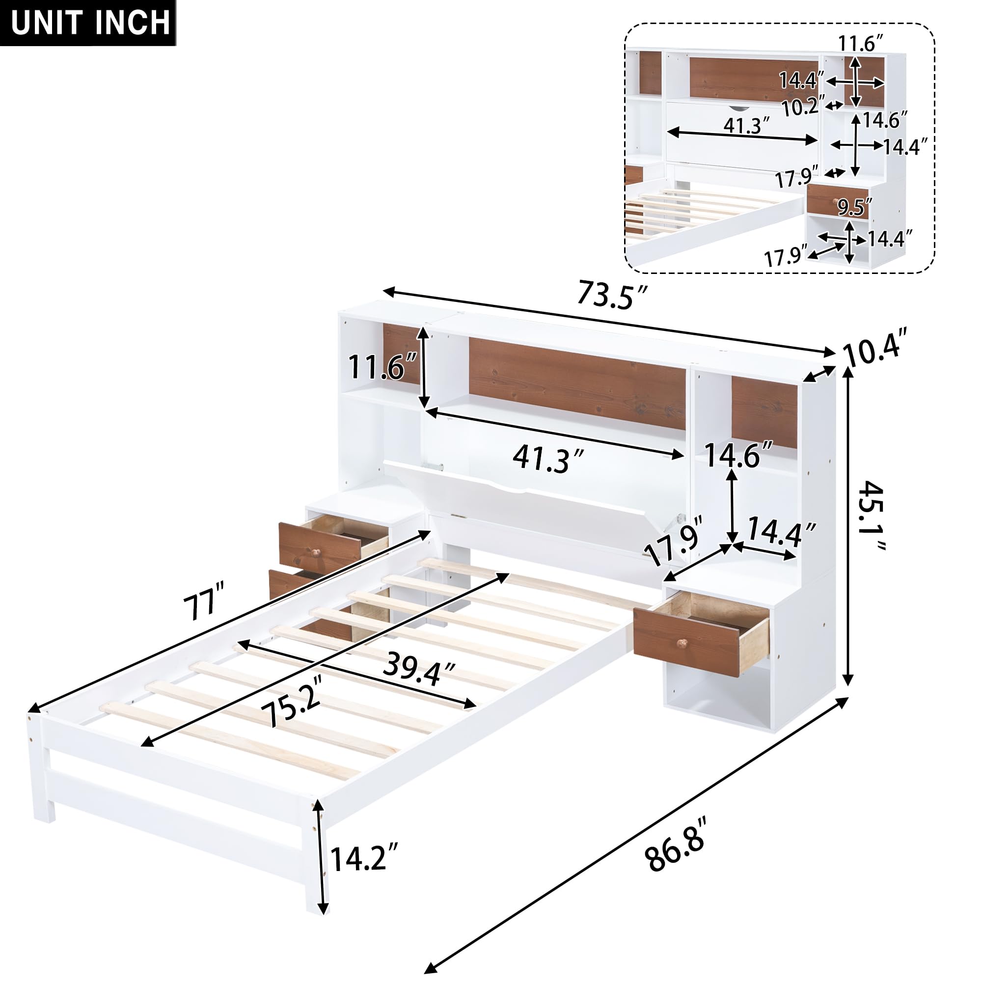 Twin Bed Frame with Storage Headboard and Drawers, Wood Twin Size Platform Bed with Flip-top Storage and Open Shelves, Twin Size Bed with Bookcase and Built in Nightstands, White (Twin)