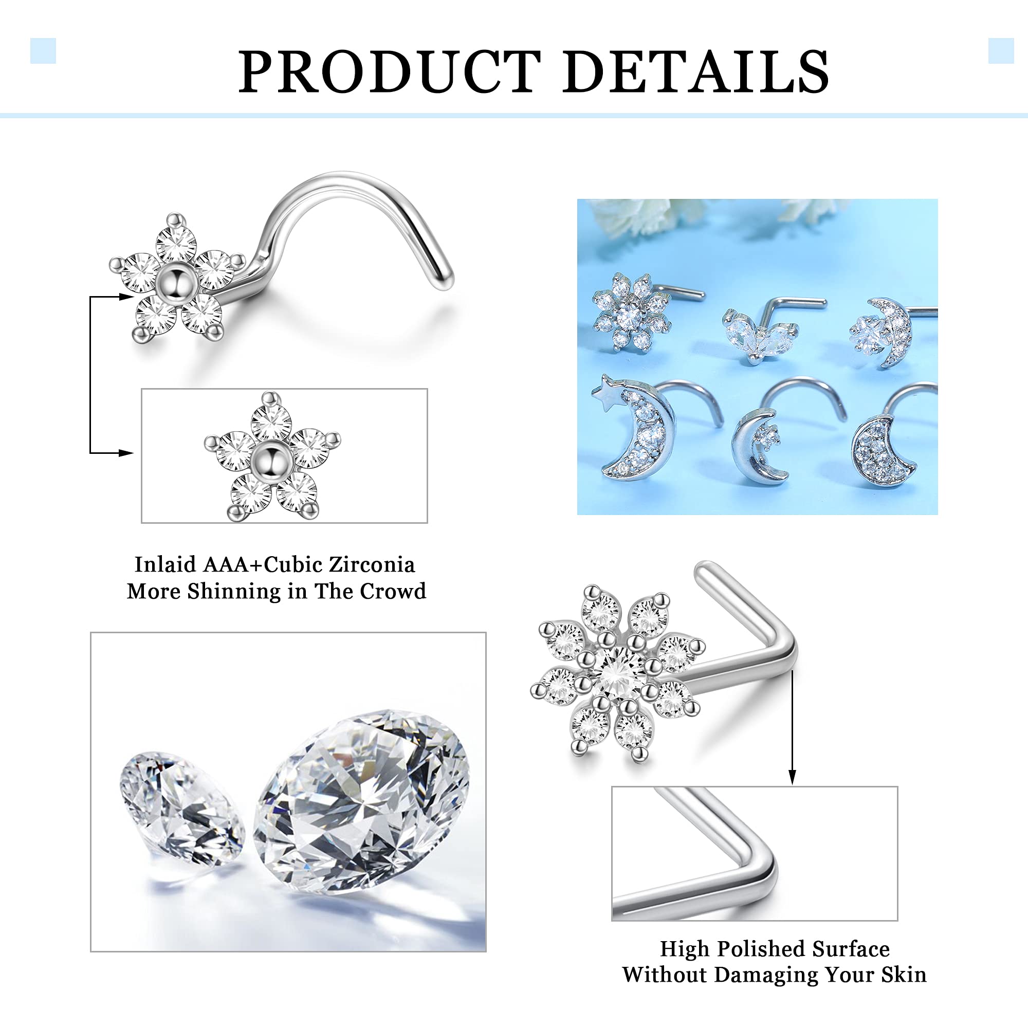 IRONBOX 8Pcs 20G Stainless Steel Nose Rings Stud Moon Star L Shaped Nose Rings Snowflake Nose Stud Screw Nose Rings Flower Nose Stud For Women Men