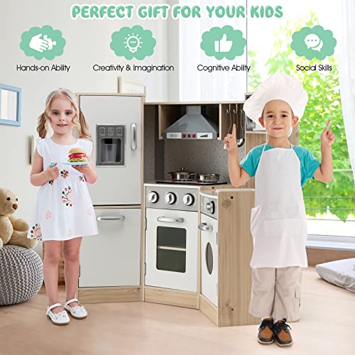 HONEY JOY Kids Wooden Kitchen Playset with Range Hood, Microwave, Sink, Utensils, Phone - With Lights & Sounds