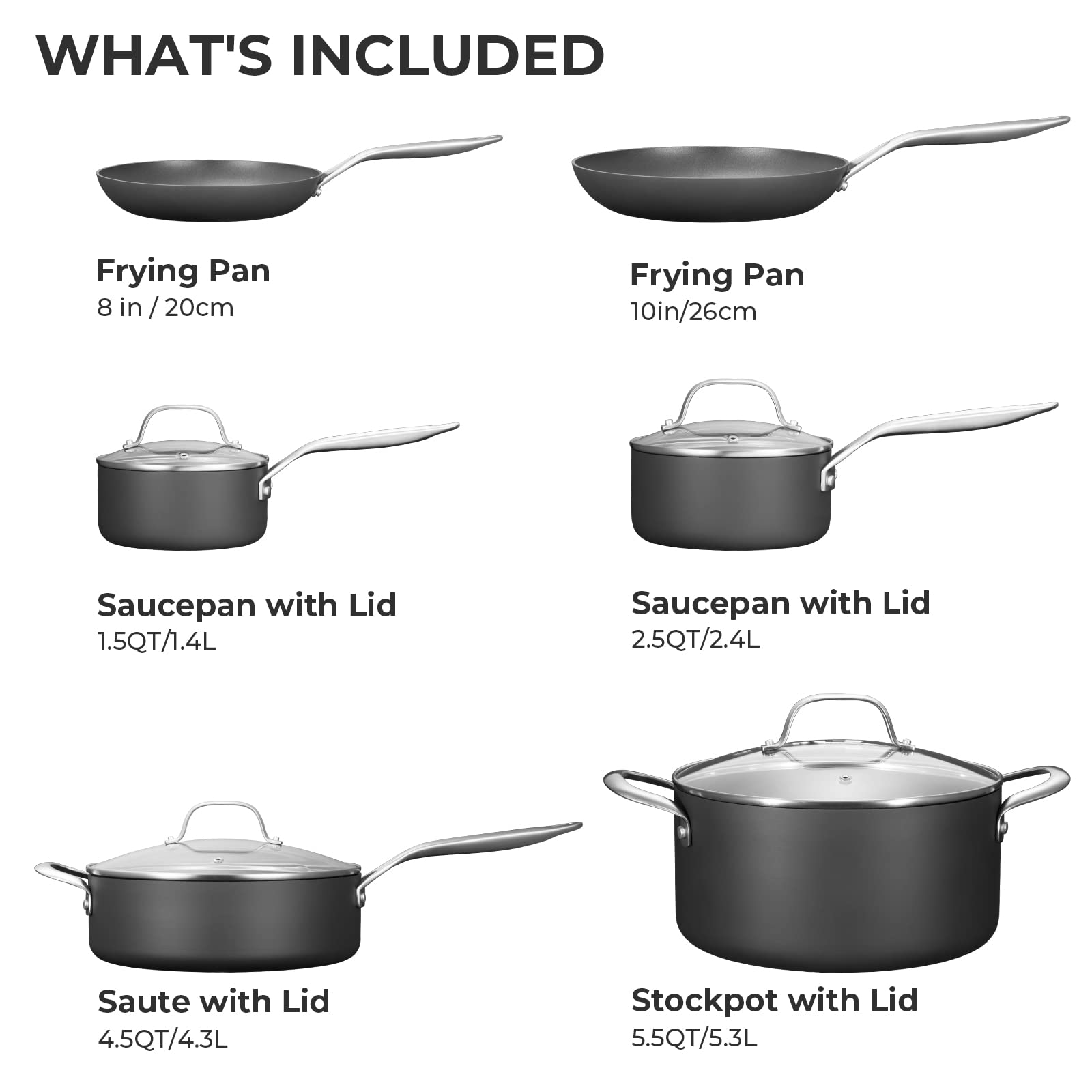 Hard Anodized Nonstick Cookware Set, Fadware Pots and Pans Set Nonstick 10-Piece, PFOA Free Pans for Cooking Scratch Resistant, Dishwasher Safe Set of Kitchen Cookware, Black