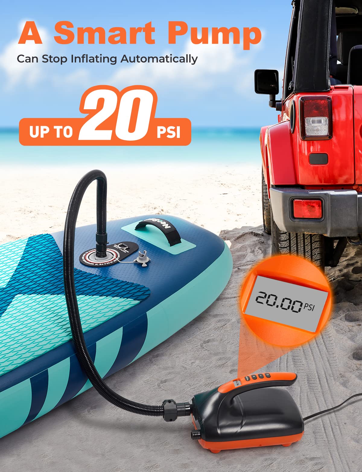 HOLOANA Paddleboard Pump Electric Portable 20PSI High Pressure SUP Electric Pump, Auto-Off SUP Air Pump Dual-Stage, Paddle Board Pump for Paddleboard, Kayak, Tents, Inflatables