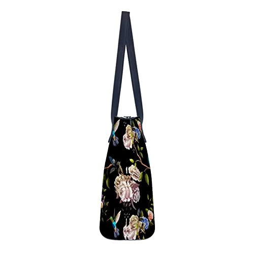 Humming Birds Roses Carnations Women's Tote Bag PU Leather Shoulder Bag Handbags Purse For Work Shopping Travel