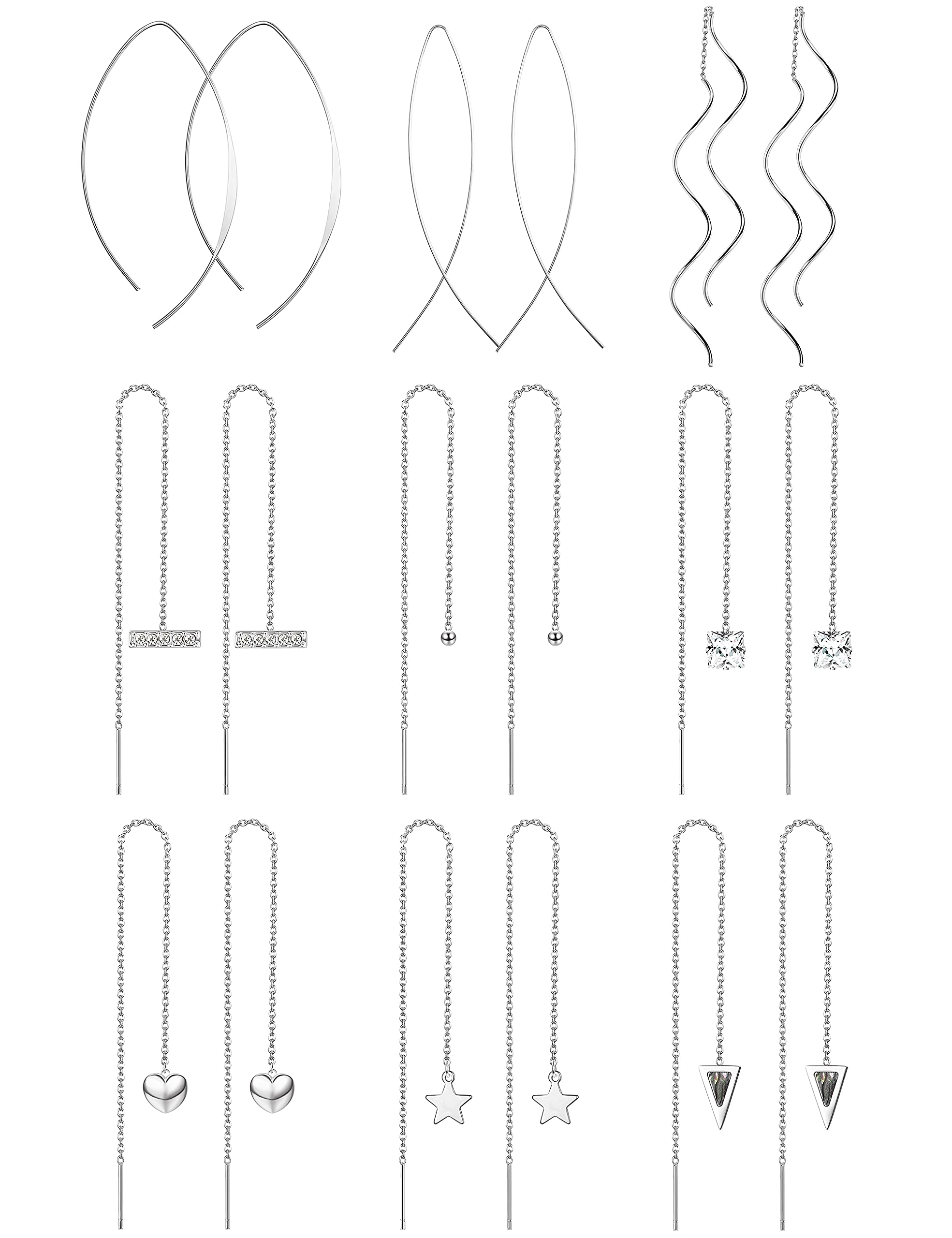 IRONBOX 9Pairs Threader Earrings for Women Stainless Steel Curved Ear Threader Chain Earrings Heart Star CZ Drop Dangle Chain Tassel Threader Earrings Lightweight Threader Earrings Set