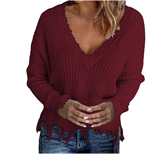 Womens V Neck Knit Sweater Long Sleeve Ripped Pullover Loose Fit Warm Knitted Jumper Crop Tops Sweaters Wine