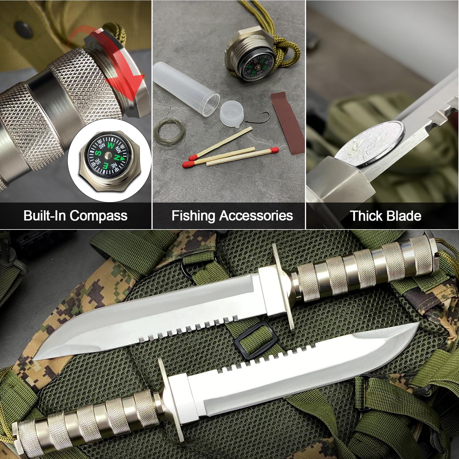 HOLYEDGE 13.7" Heavy Duty Fixed Blade Knife with Aluminium Alloy Handle Tactical Hunting Dagger Weapons Military Combat Knife