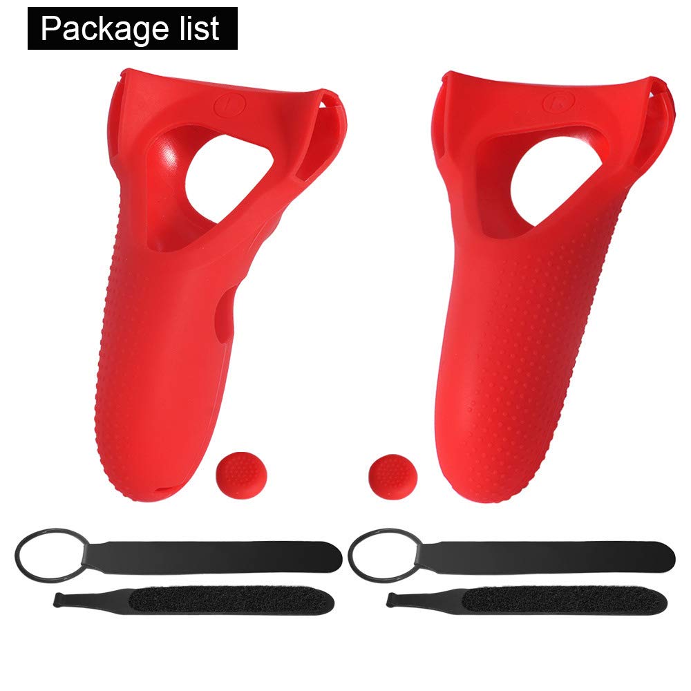 Hooshion 3 Set Handle Non-Slip Silicone Protective Case Joystick Cap Anti-Drop Leather Hand Strap for Oculus Quest/Rift S VR Headset (Red)