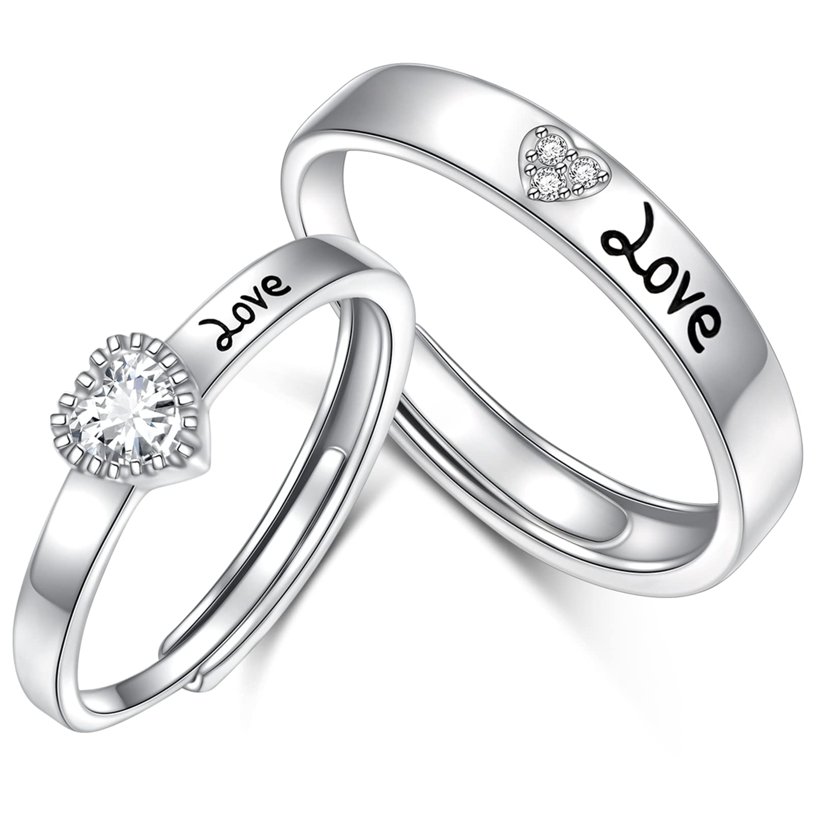 Heart Promise Rings for Couples I Love You 2PCS 925 Sterling Silver Adjustable Matching Rings for Couples His and Her Wedding Rings Set