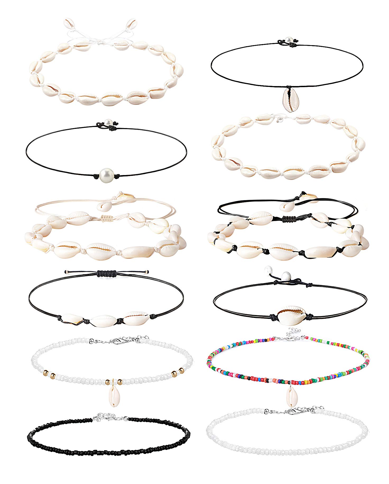HANPABUM 12 PCS Pearl Shell Choker Necklace Adjustable Natural Cowrie Seashell Necklace Bohemian Handmade Beaded Beach Jewelry Set