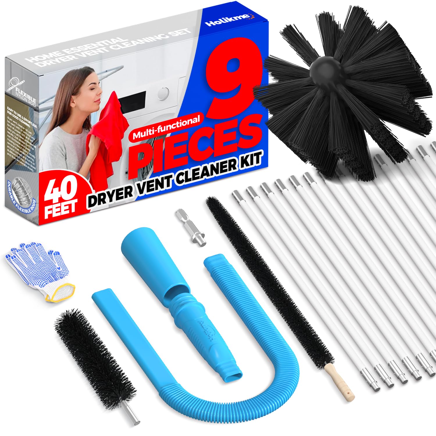 Holikme 9 Pieces 40 Feet Dryer Vent Cleaner Kit, Dryer Cleaning Tools & Lint Remover Sets, Include Flexible Lint Brush with Drill Attachment, Laundry Lint Vacuum Hose, Clothes Dryer Lint Trap Brush