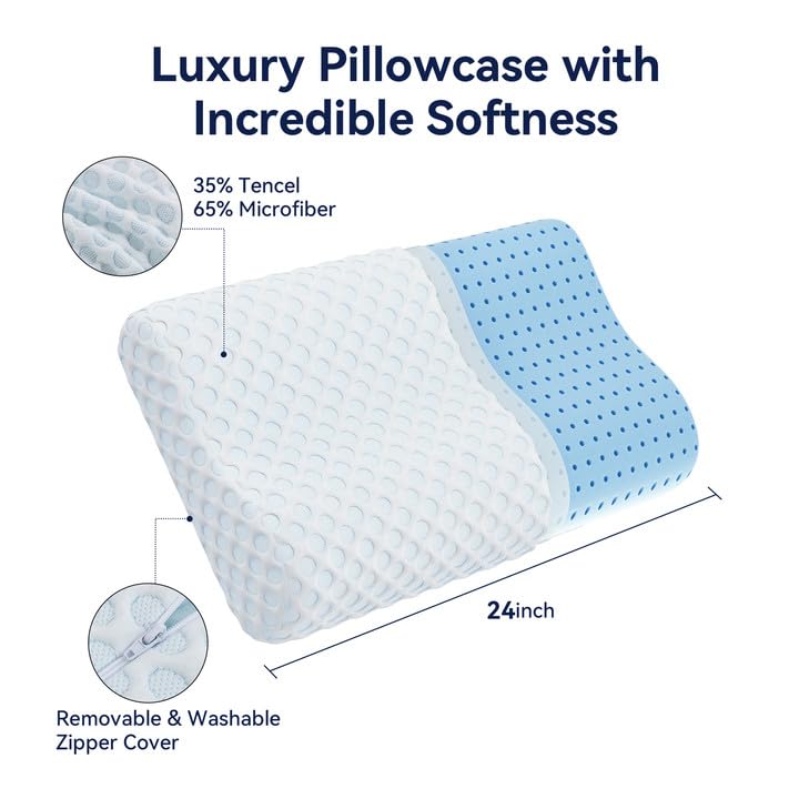 Hcore Contour Memory Foam Pillow for Neck Pain - Cervical Neck Pillow for Sleeping, Side Back Stomach Sleepers - Firm Contoured, Tencel Cover - Ventilated Breathable - CertiPUR-US