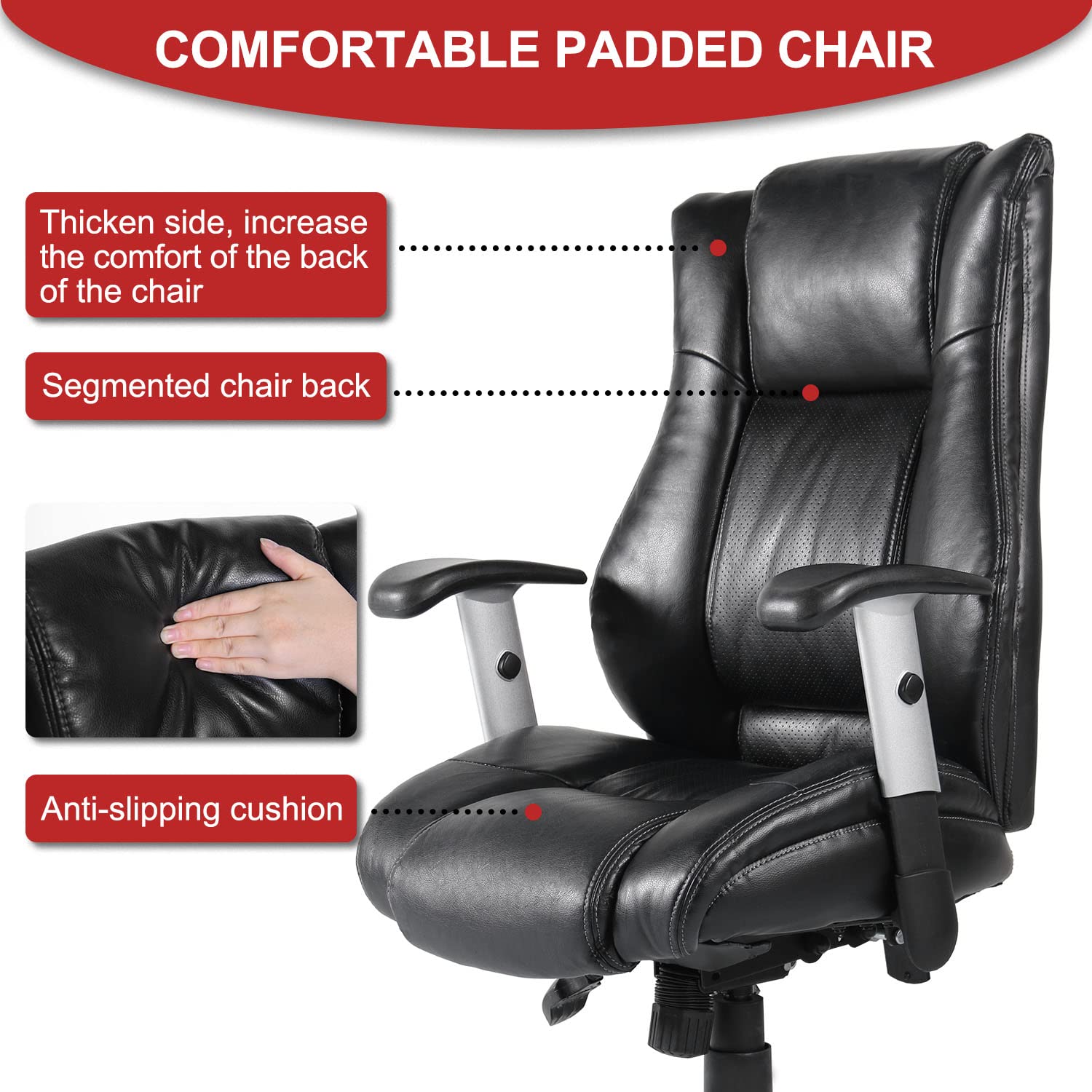 HOMEFLA Office Executive Ergonomic Computer PU Leather High Back Desk Swivel Comfortable Rolling Chair with Adjustable Armrests, Black