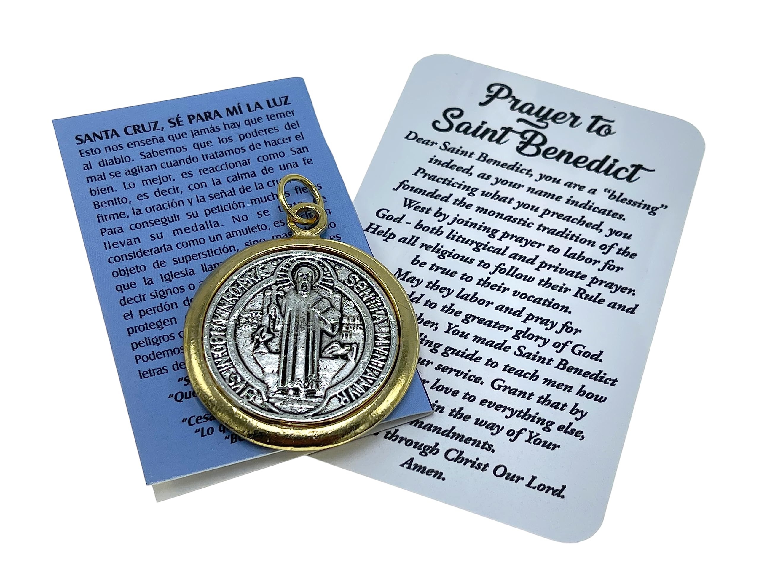 hand made St Benedict Jubilee Exorcism Medal 1.5 inch Two Tone with Prayer Card/MRT/Medal Pendant/medalla de San Benito en Dos tonos con tarjetita de oracion
