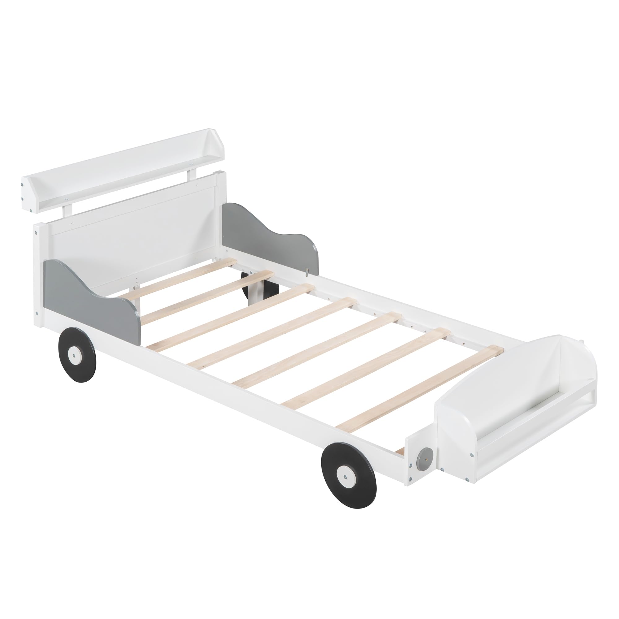 Twin Size Car-Shaped Platform Bed Frame for Boys Girls Kids Adults Toddler,Twin Bed with Storage Shelf for Bedroom,White
