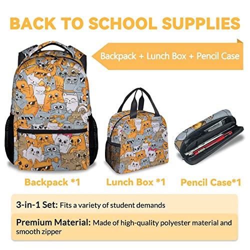 XaocNyx Cat Backpack with Lunch Box and Pencil Case Set, 3 in 1 Matching Girls Boys Colorful Backpacks Combo, Cute Bookbag and Pencil Case Bundle