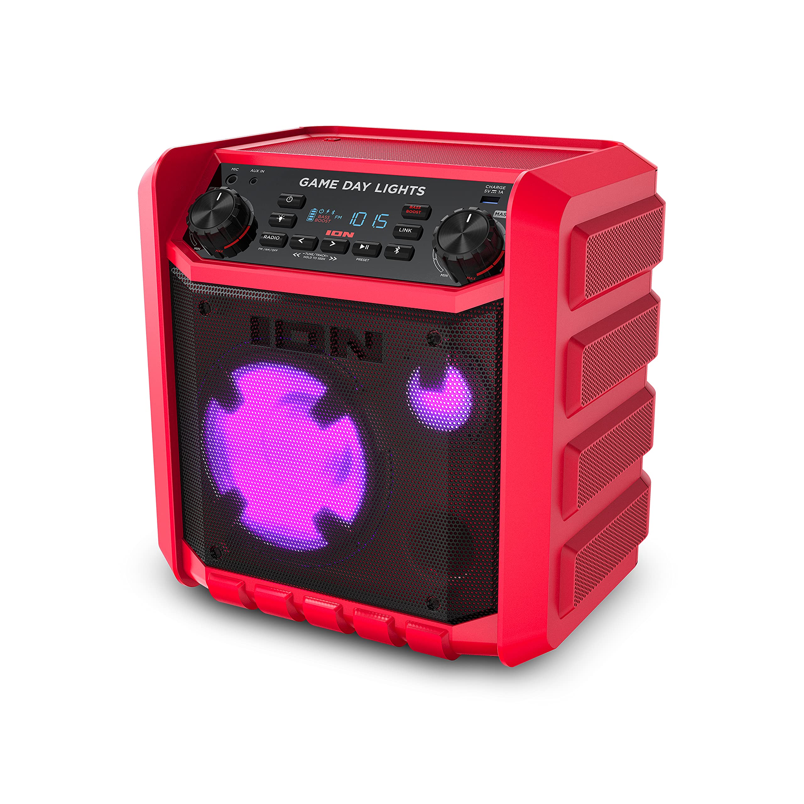ION Game Day Lights Portable Bluetooth Party Speaker with Karaoke Microphone Lights and Radio for Birthday, Pool Party, BBQ – Powerful, 50W (Red)