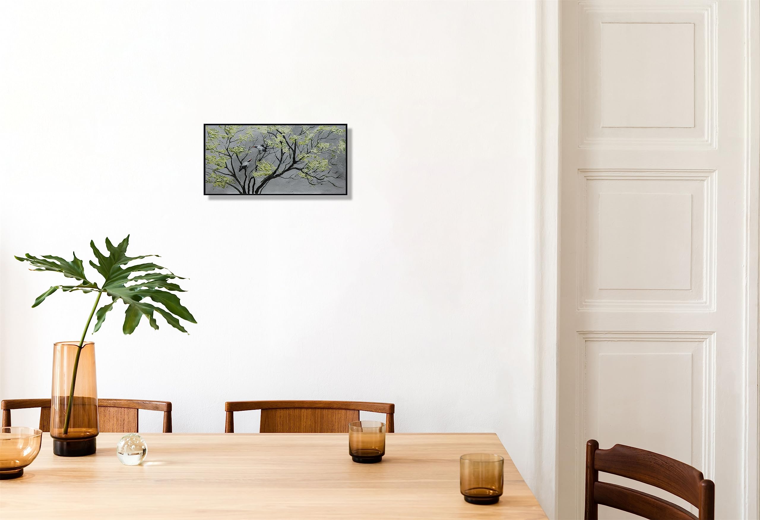 Hand Painted Oil Painting Canvas Wall Art Abstract Black & White Birds on Tree Front Load Frame 10x20" Extra 1/4" Slim 0.71" Height Wood Moulding 3D Brushstroke for Home Decor Office Living Bed Dining