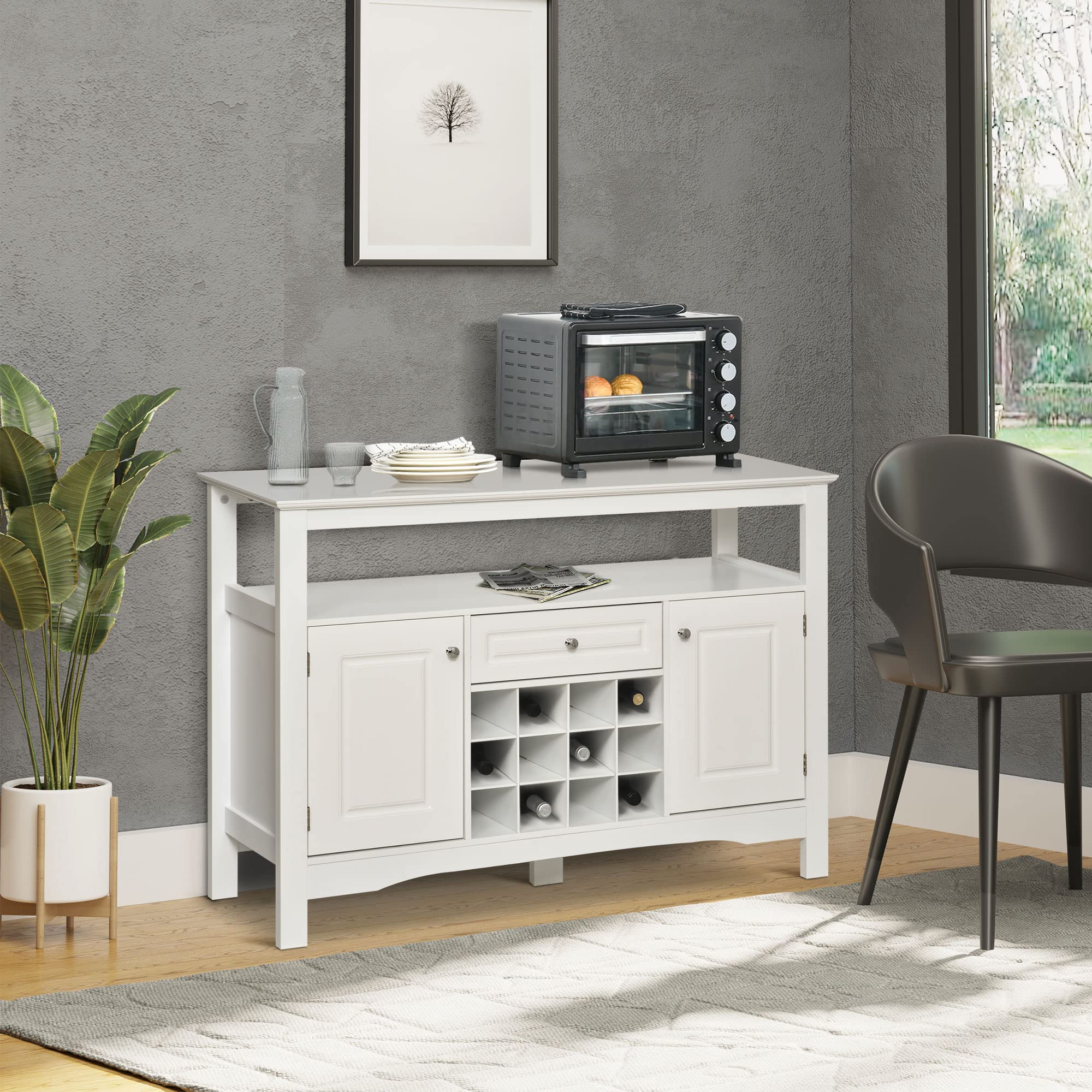 HOMCOM Coffee Bar Cabinet, Modern Sideboard Buffet Cabinet, Wine Cabinet with Drawer and 12-Bottle Wine Rack for Living Room, White