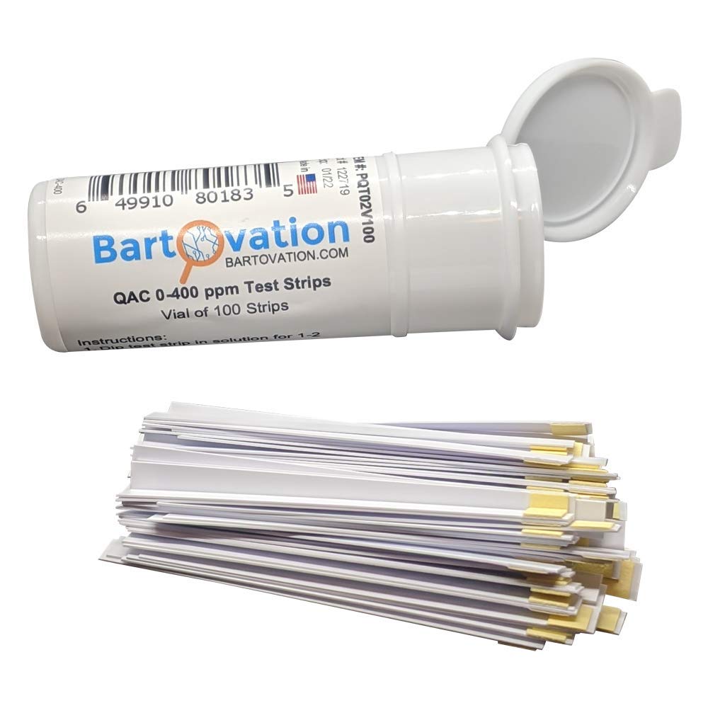 Restaurant Quaternary Ammonium (QAC, Multi Quat) Sanitizer Plastic Test Strips, 0-400 ppm [Vial of 100 Strips]