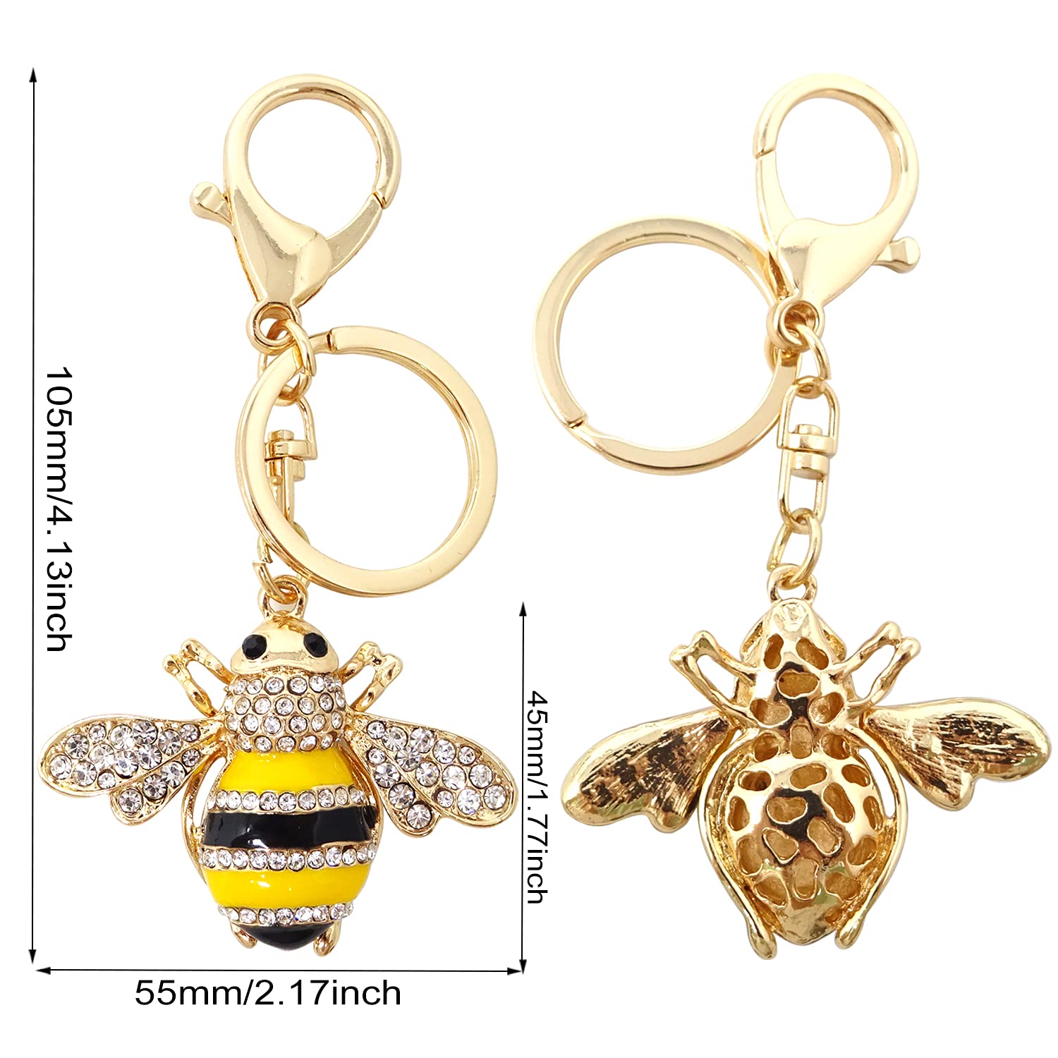 Honbay 1PCS Rhinestone Little Bee Keychain Bumble Bee Sparkling Keyring Animal Key Chain Decor in A Box for Bag Purse Wallet