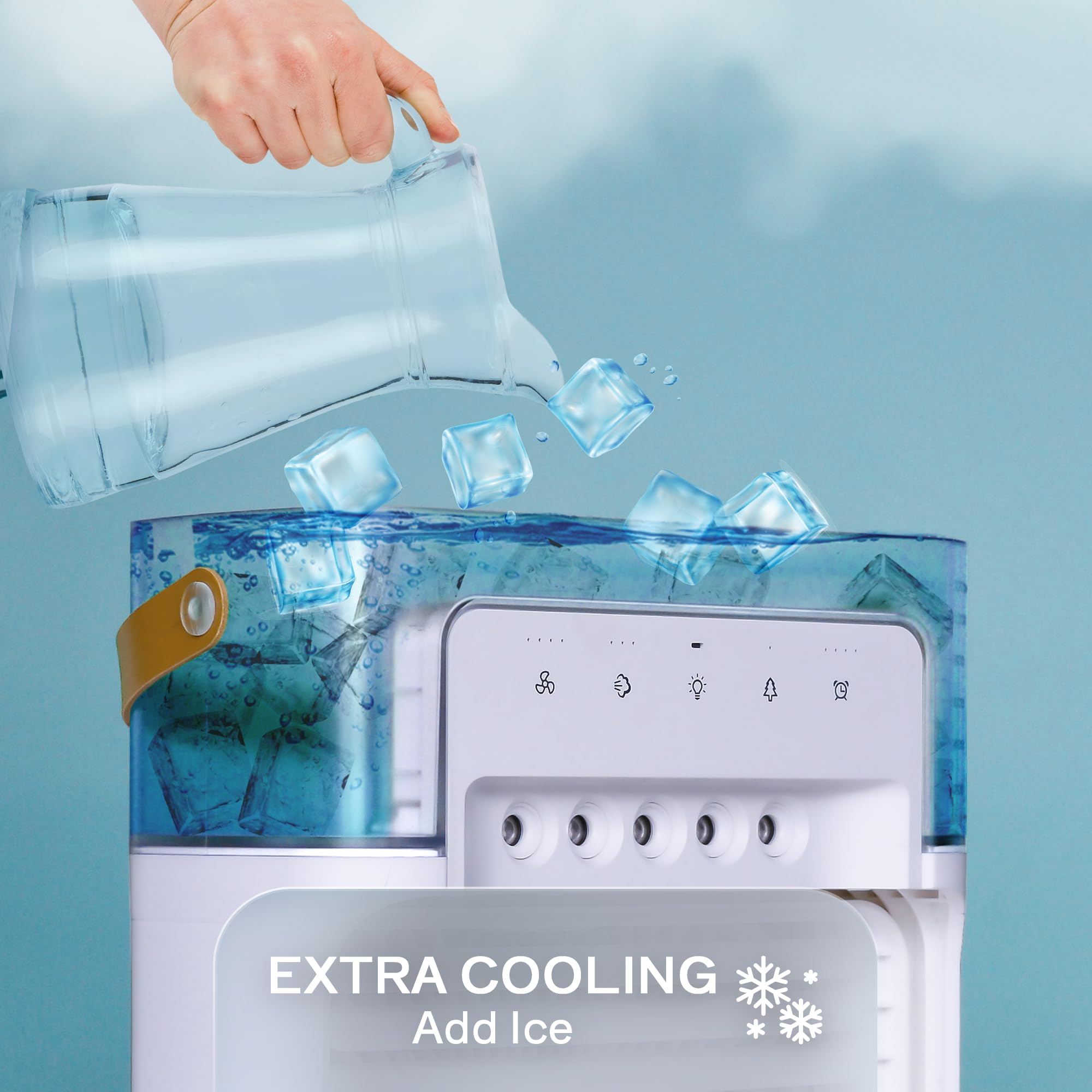 Portable Air Conditioner with Cooling Mist and Remote, Quiet comfort with 4 Speeds, XL 1200ml tank, Personal AC Fan with 5 Mists, 7 Night Lights, 2, 4, 6, 8H Timer, for Home, Office, White