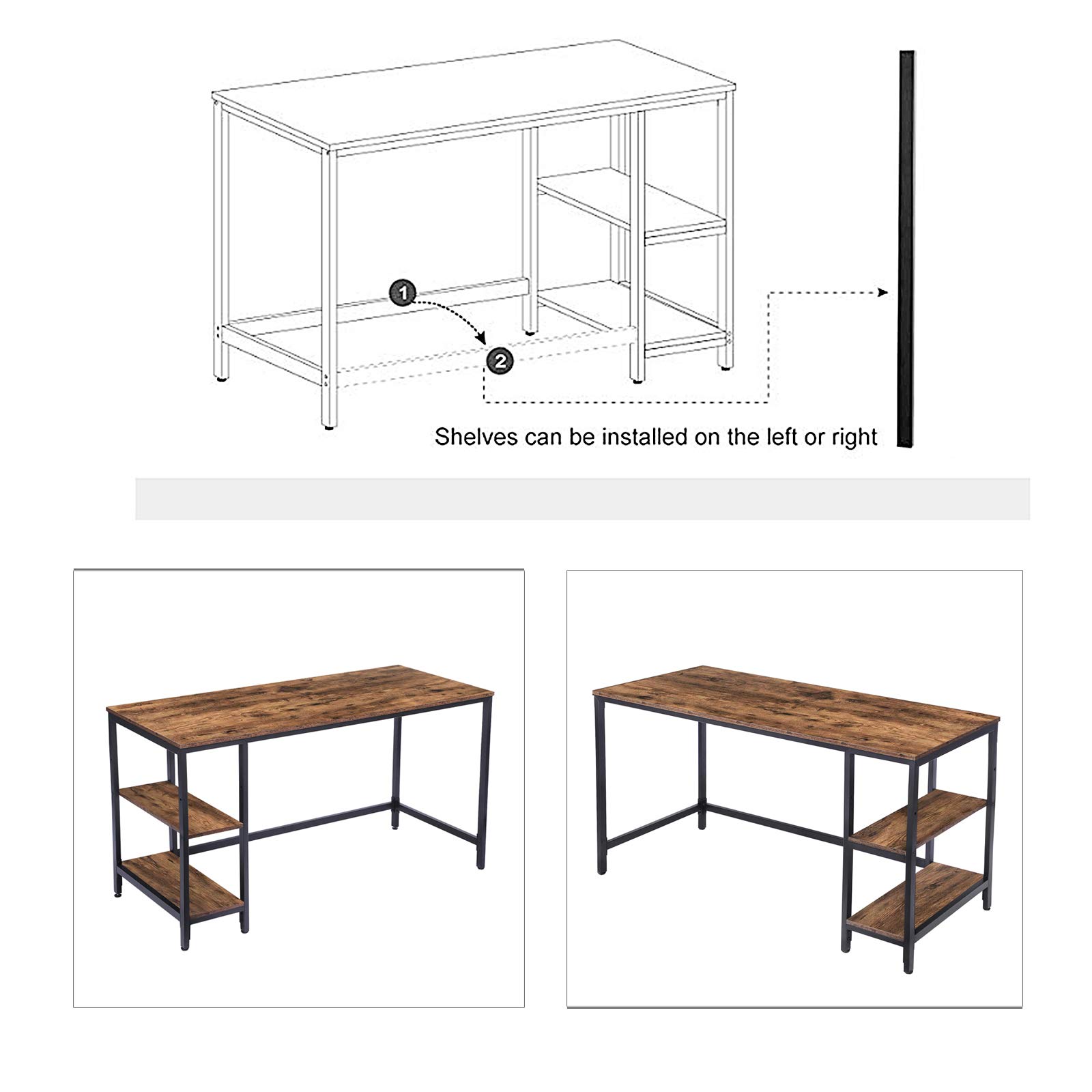 HOOBRO Computer Desk, 55.1 Inch Writing Desk with Adjustable Shelf on Left or Right, Office Study Desk for Laptop, Sturdy Metal Frame, for Home Office, Easy Assembly, Rustic Brown and Black BF60DN01