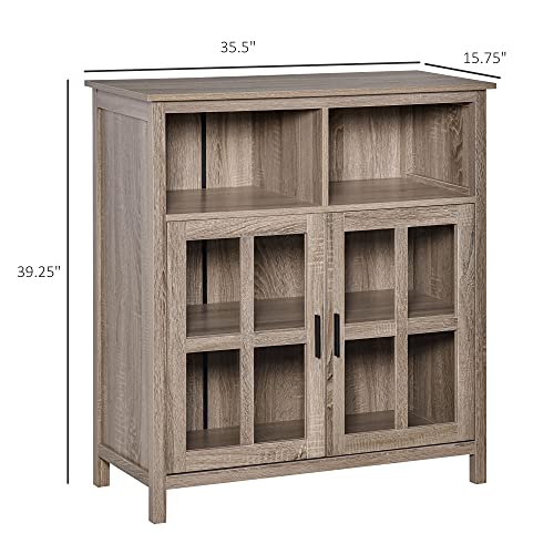 HOMCOM Accent Sideboard, Serving Storage Buffet Cabinet with 2 Open Components, Glass Door Coffee Bar Cabinet and Adjustable Shelf, Oak