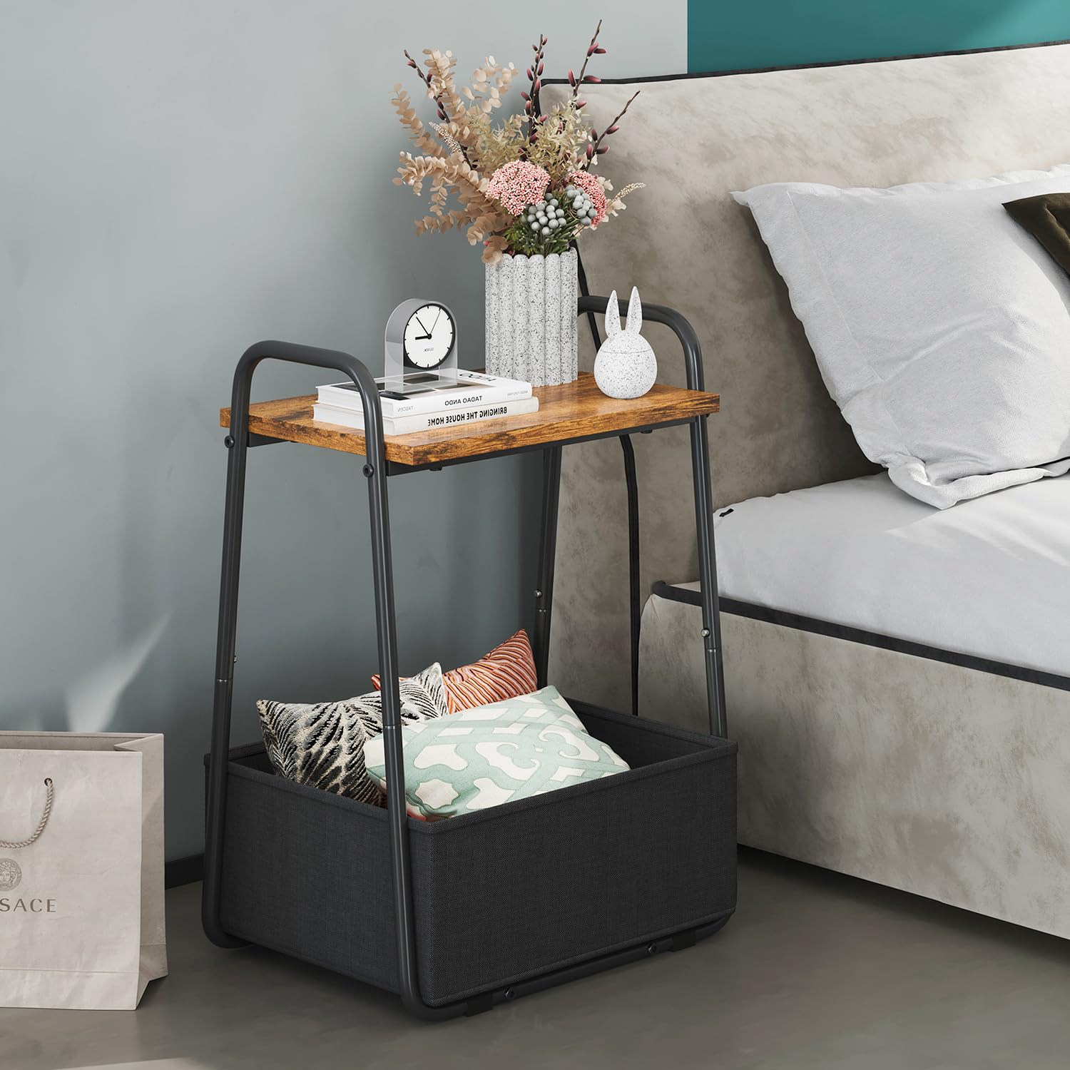 Heybly Side Table Set of 2, Nightstand with Fabric Storage Basket, Sofa End Table with Metal Frame for Living Room, Bedroom, Rustic Brown and Black HET002NSR2