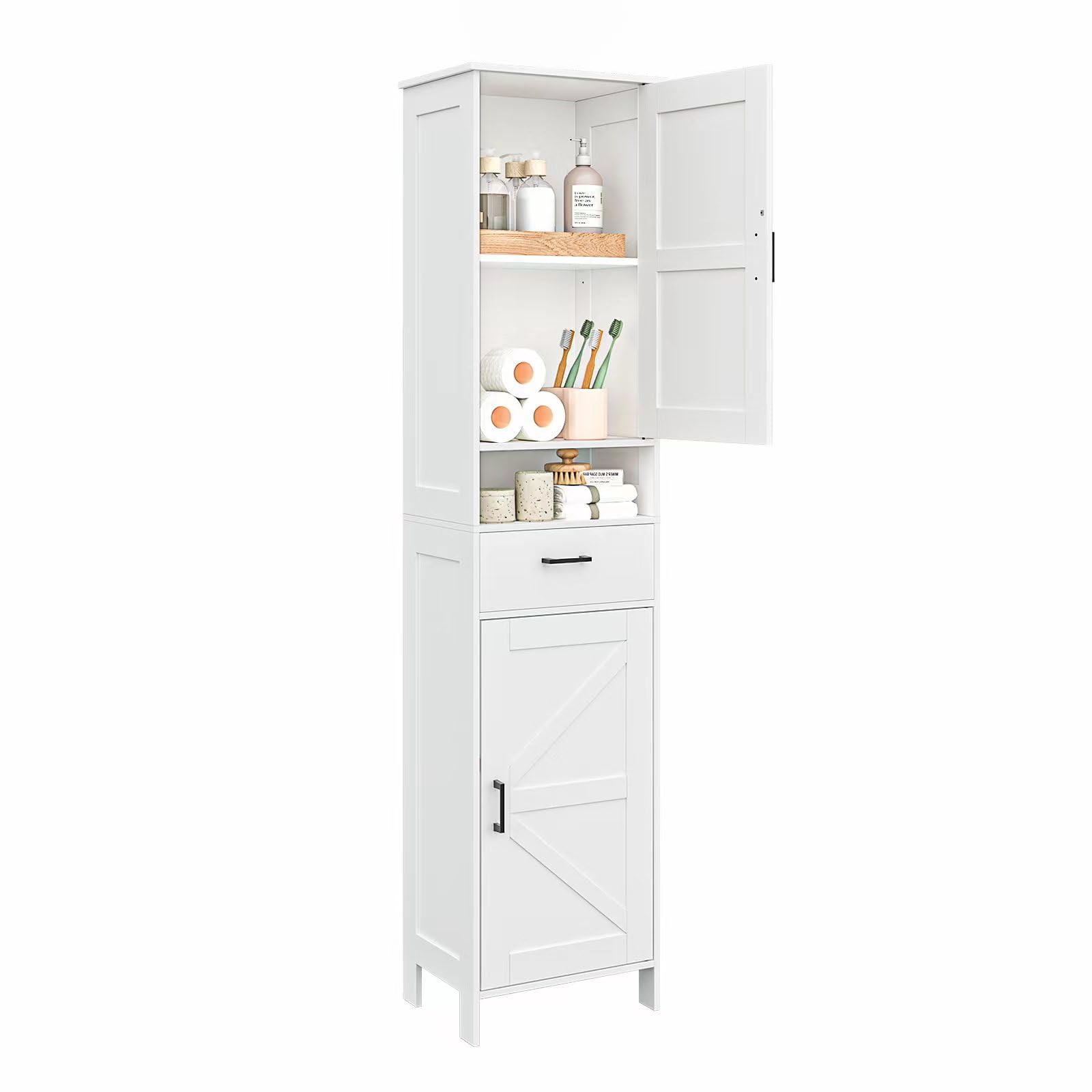 Homhedy 67" H Tall Bathroom Storage Cabinet with 2 Barn Doors and 1 Drawer,Storage Cabinet, Adjustable Shelves,Floor Cabinet for Bathroom, Living Room, Entryway, Kitchen, White