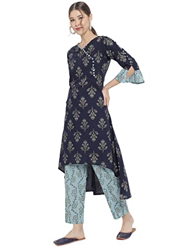 Yash Gallery Women's Cotton Floral Print A-line Kurta Pant Set (Blue)