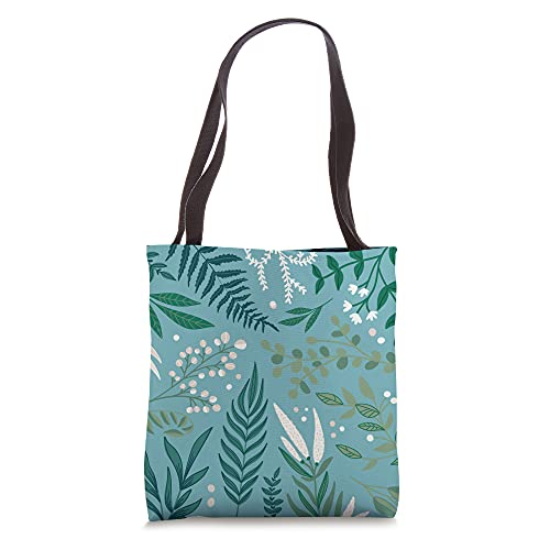 Green Botanical Fern Foliage & White Berry Floral Pattern Tote Bag
