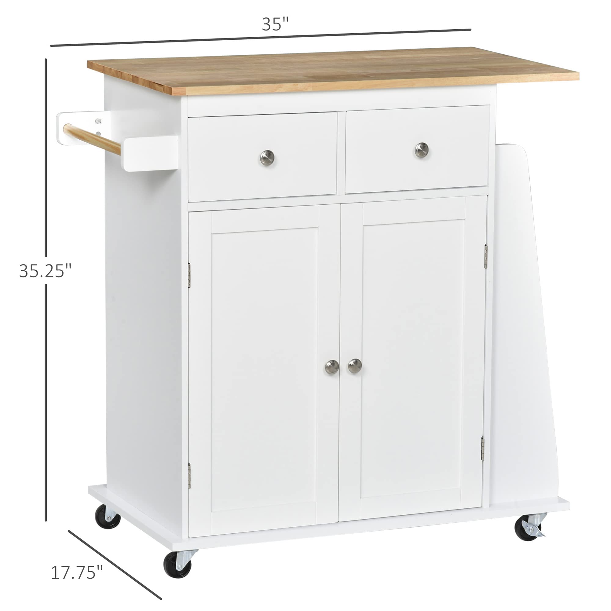 HOMCOM Rolling Kitchen Island Storage Trolley Cart with 3-Tier Spice Rack & Rubber Wood Top for Dining Room
