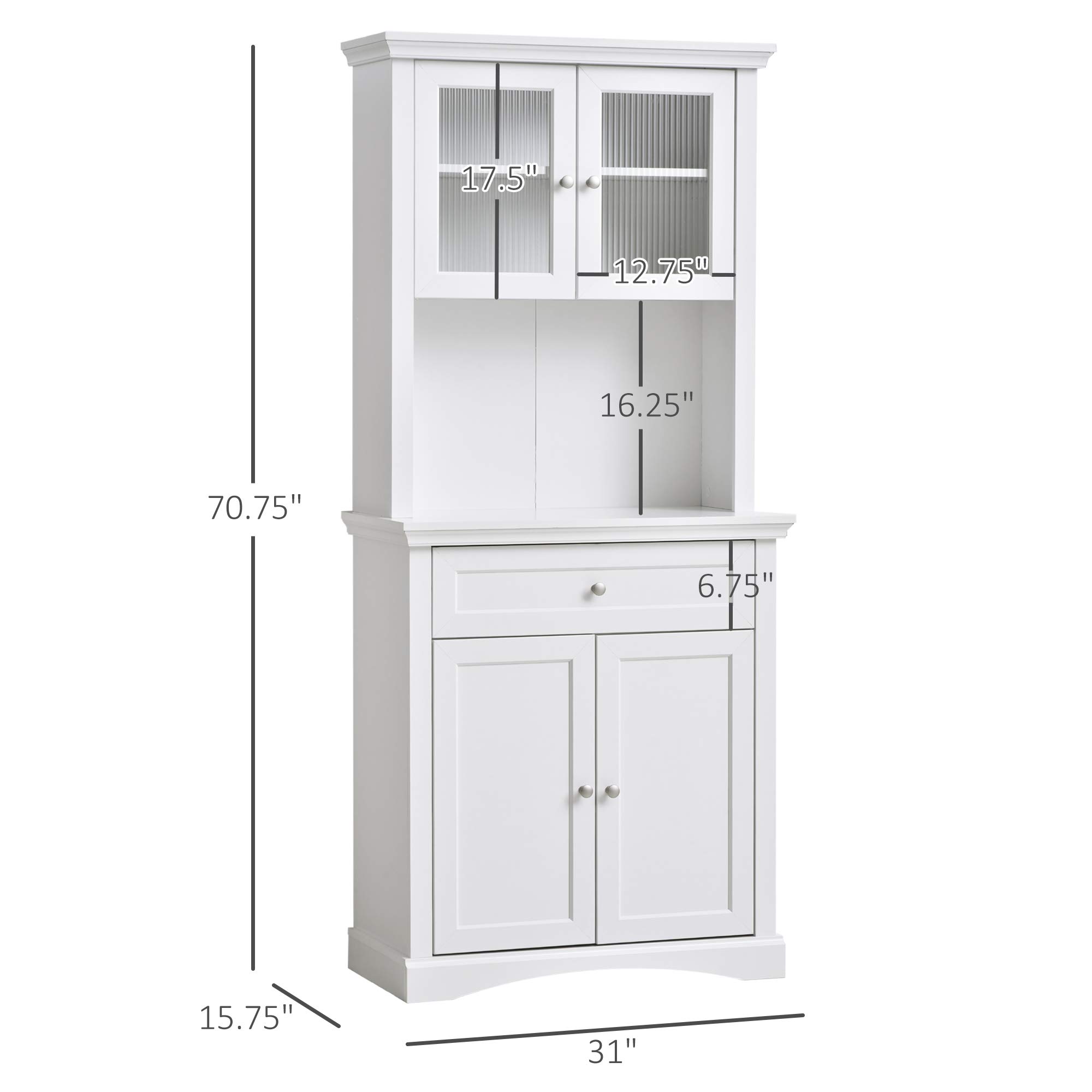HOMCOM 71" Traditional Freestanding Kitchen Buffet with Hutch, Pantry Cabinet with 4 Doors, 3-Level Adjustable Shelves, and 1 Drawer, White