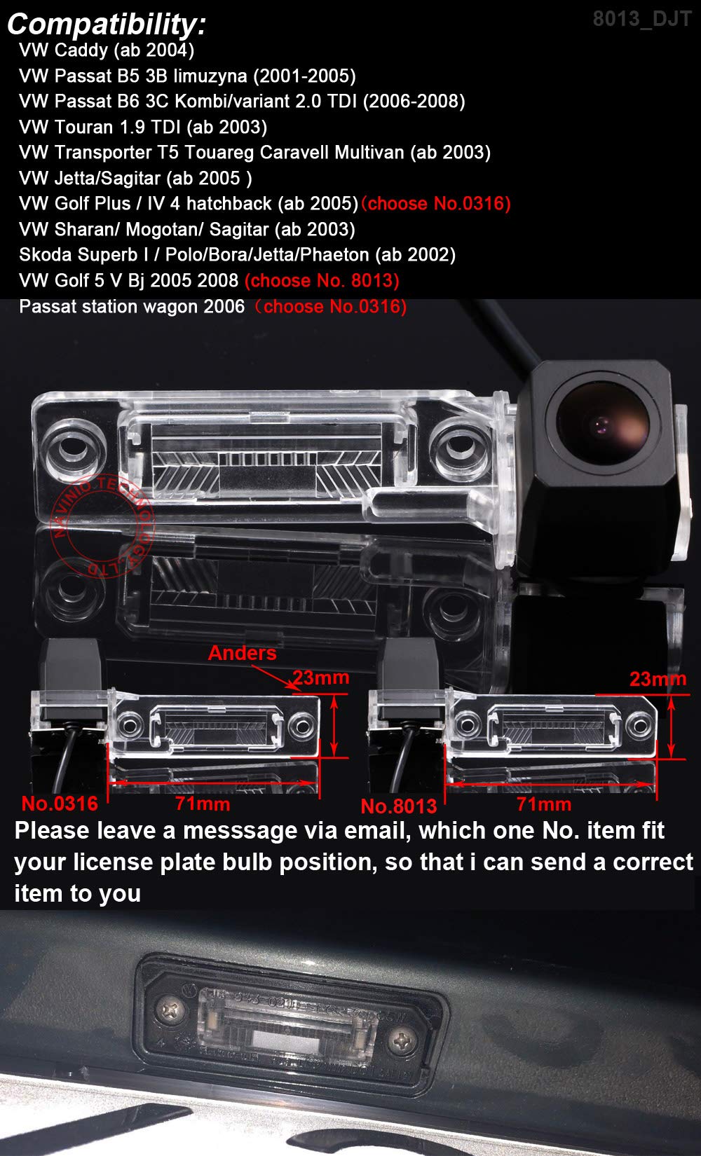 HDMEU Vehicle Car Rear View Backup Camera, Reversing Camera for Caddy;Passat B5 3B Limuzyna;Passat B6 3C Estate; Variant 2.0 TDI;Transporter T5 Touareg Caravell Multivan; Jetta;Sagitar;Golf Plus.