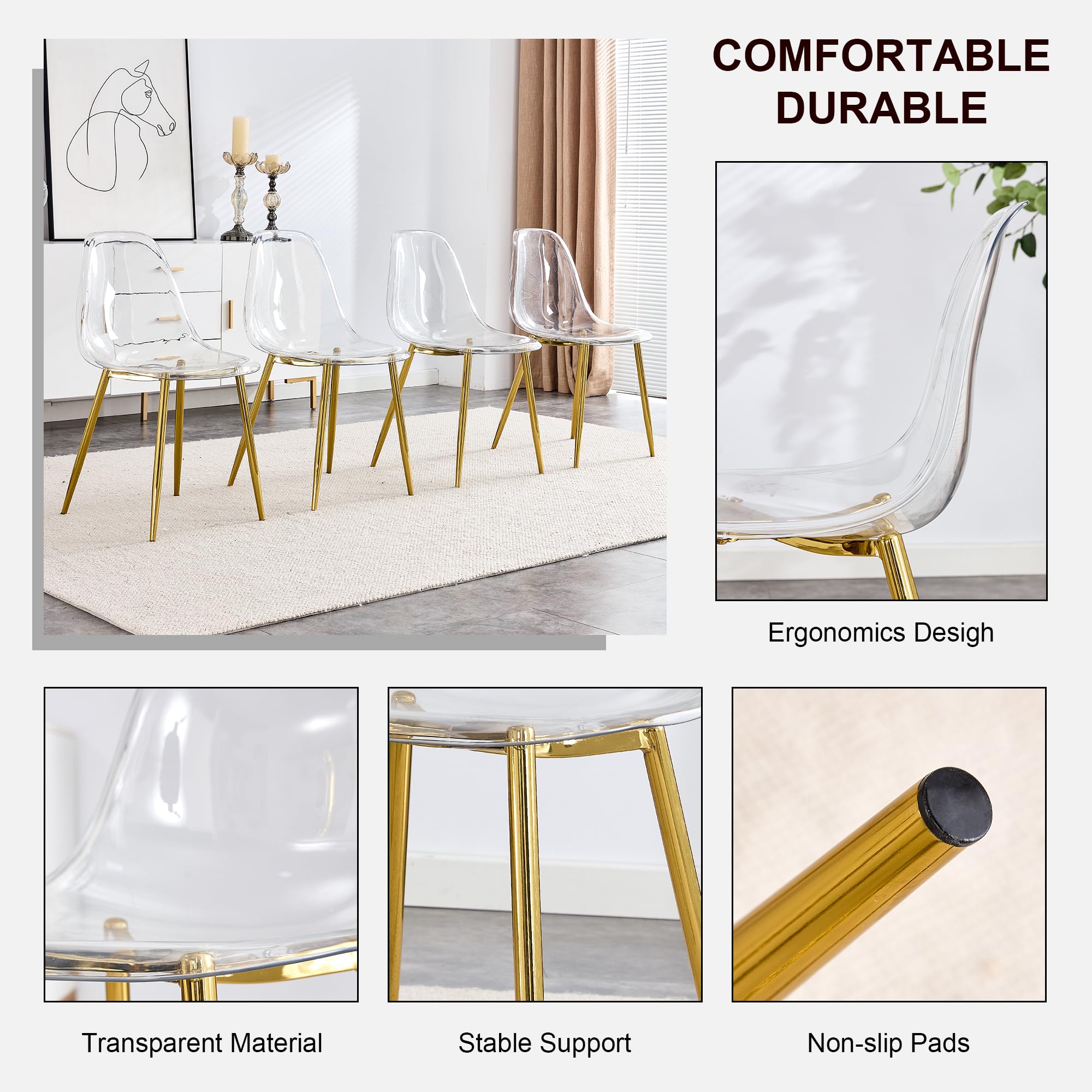 Gold Round Glass Dining Table Set for 4, Modern Kitchen Table and Chairs Set of 4, A Circle Small Round Dining Room Table and Clear Acrylic Chairs juego de comedor de 4 sillas y mesa