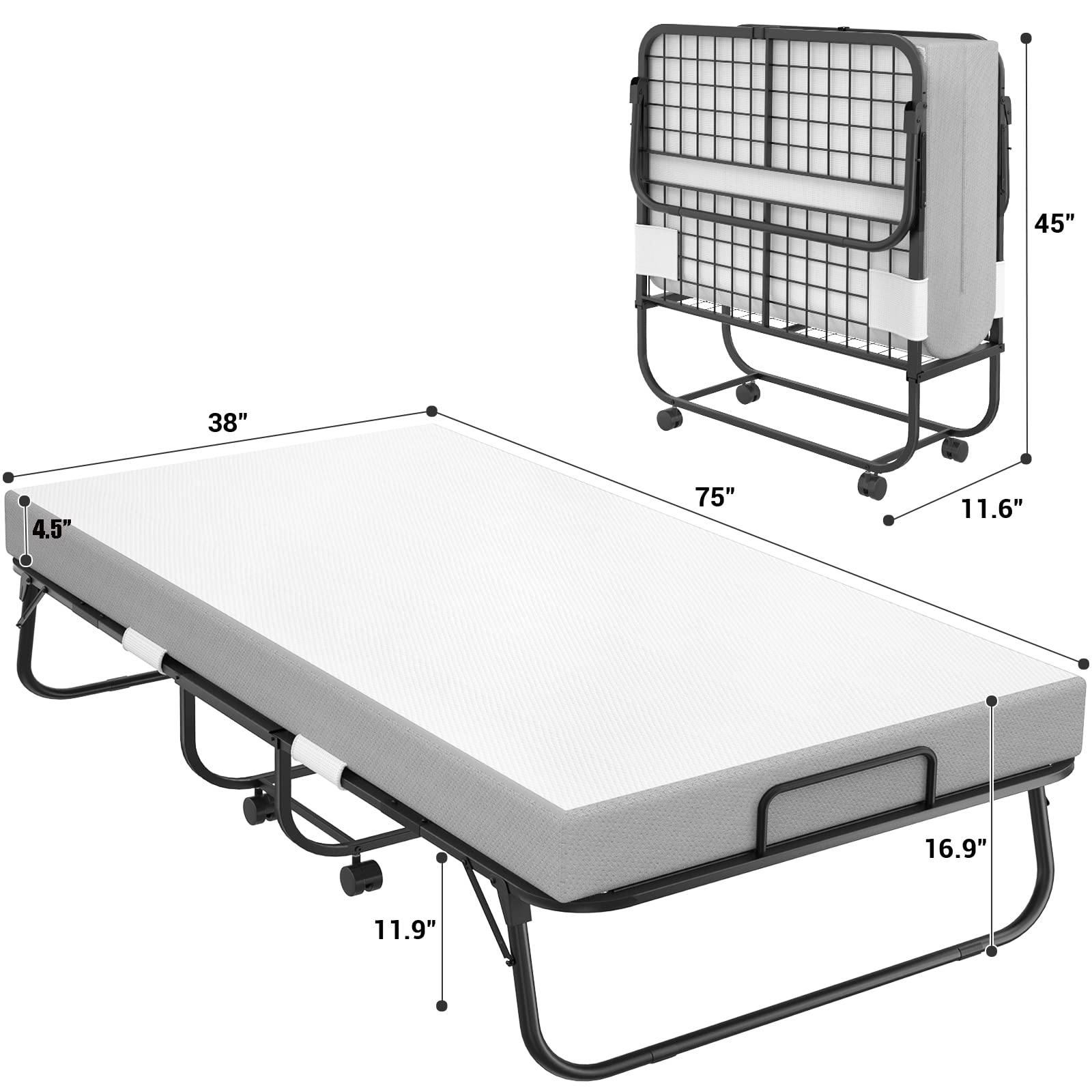Homieasy Folding Bed with Mattress, 6 Adjustable Positions Backrest, Foldable Bed with Storage Cover, Rollaway Bed for Adults with Memory Foam Mattress and Metal Frame, Cot Size Extra Bed (75β x 31β)