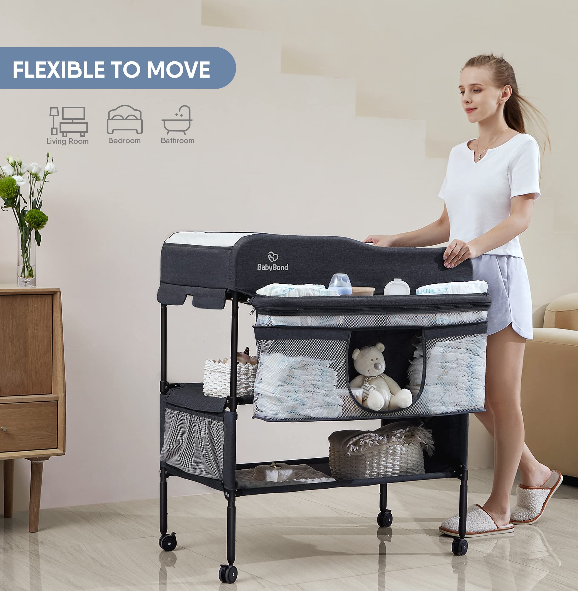 Portable Baby Changing Table, Foldable Changing Table Dresser Waterproof Diaper Changing Table Height Adjustable Changing Station for Infant and Newborn (Grey)