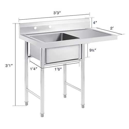 WILPREP Commercial Stainless Steel Utility Sink, Single Compartment Kitchen Sink with Storage Sink Strainer and Splash Guard, Portable Sink with Work Table & Adjustable Feet, 39" W x 24" D