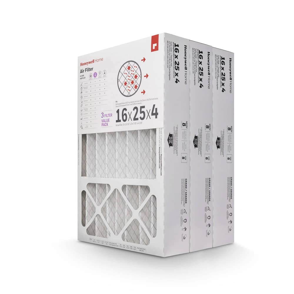 Honeywell Home 16x25x4 MERV 8, AC Furnace Air Filter, 3 PACK (CF408F1625-3PKAM) (Actual Dimensions: 15.63 x 24.75 x 4.38 in.)