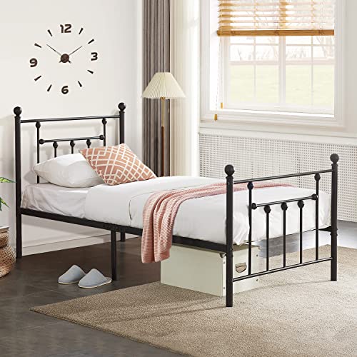 VECELO Twin Size Metal Platform Bed Frame with Headboard and Footboard, Heavy Duty Slat Support/No Box Spring Needed Mattress Foundation/Underbed Storage Space, Victorian Style, Black