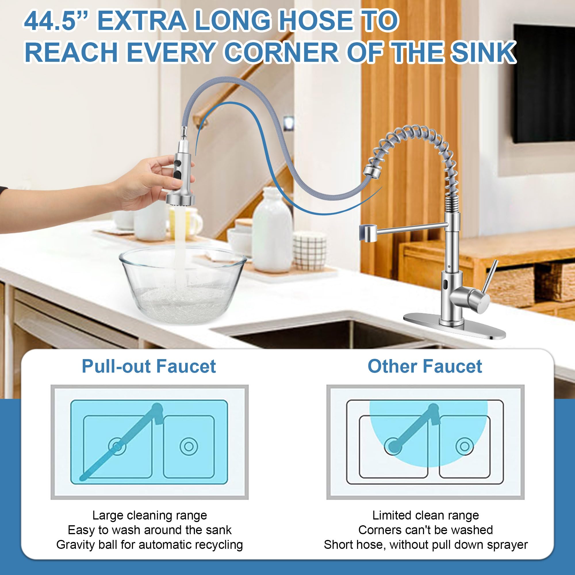 Homikit Touchless Kitchen Sink Faucet with Pull Down Sprayer, Automatic Motion Sensor Smart Faucet, Brushed Nickel Single Handle Spring Kitchen Faucets for Vanity Farmhouse RV, Stainless Steel